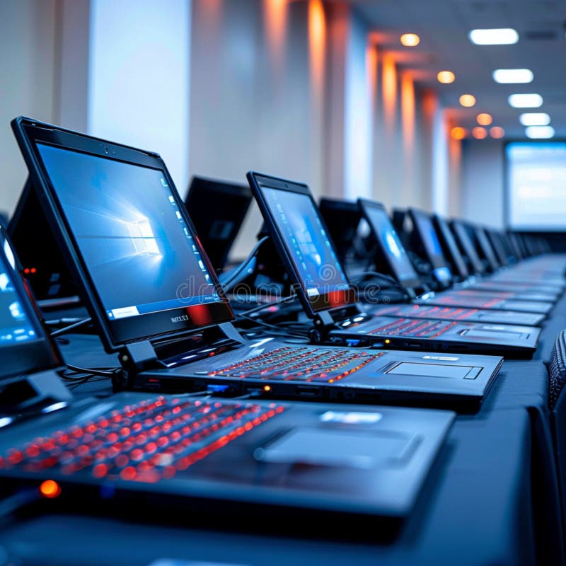 Educational Technology Laptops Set Up in Rows for Training Session ...