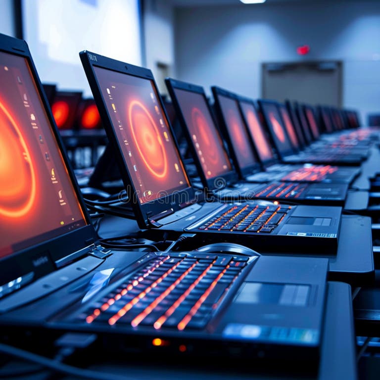 Educational Technology Laptops Set Up in Rows for Training Session ...