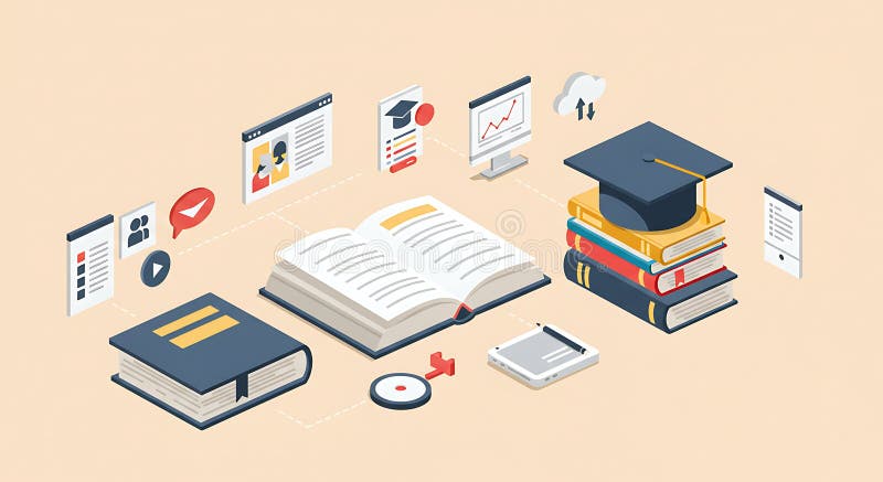 Educational-themed Illustration Featuring an Open Book in the Center, Surrounded by Stock ...