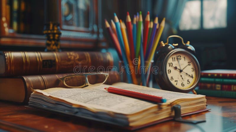 Vintage Books Antique Clock Pencils Glasses Study Still Life Education ...