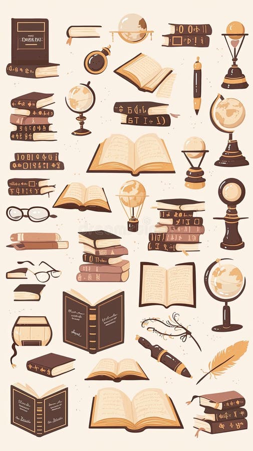Educational Vintage Styled Illustrations Featuring Books, Globes, and ...
