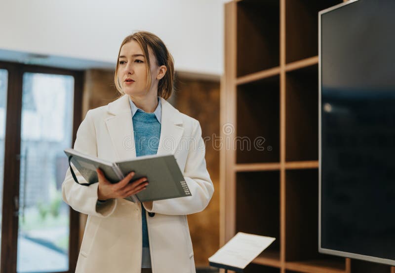 Educator Presenting a Topic with Visual Aids in a Modern Lecture ...