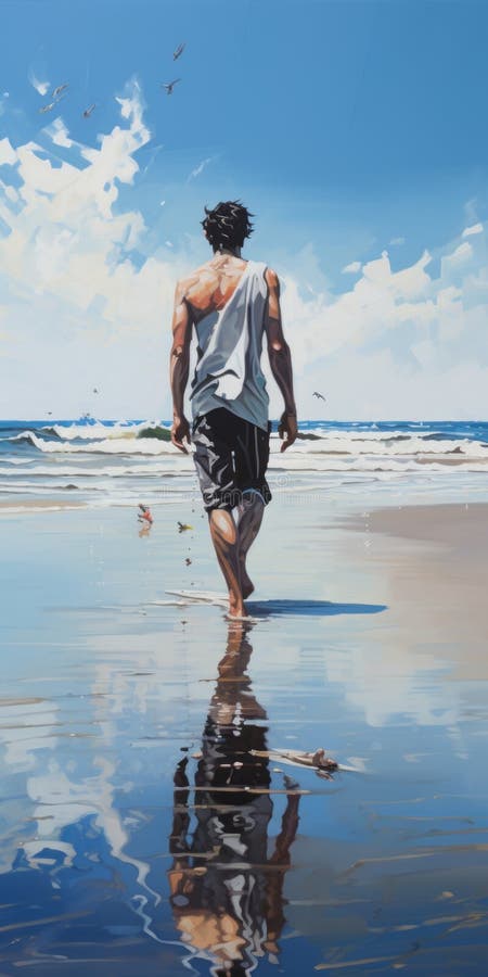 Edward Walking Alone on the Beach: Modern Chrome Reflections Painting ...