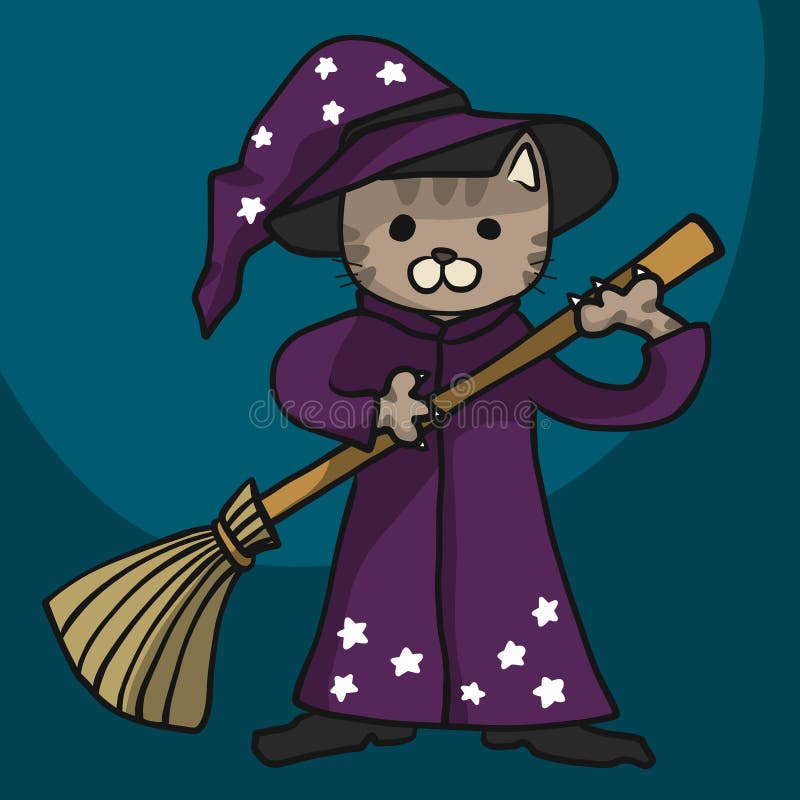 Cat Witch with Broom Cartoon Vector Illustration Halloween Concept ...