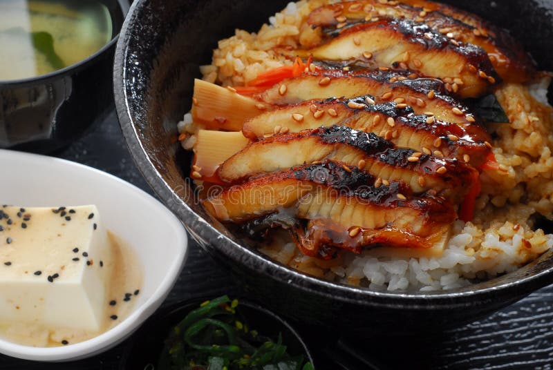 Eel Rice Japanese Style with Sesame Tofu Stock Photo - Image of sour ...