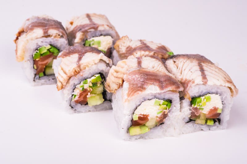 Roll with Smoked Eel, Avocado, Cucumber Stock Photo - Image of food ...