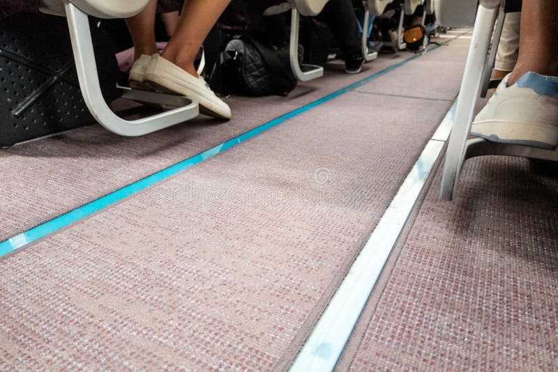 Emergency Floor Path Illumination Marking in Airplane Cabin Stock Photo ...