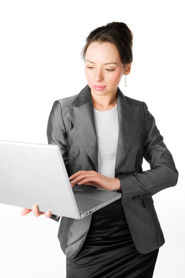 Een Jonge Dame Met Een Computer Op Witte Achtergrond Stock Foto - Image ...