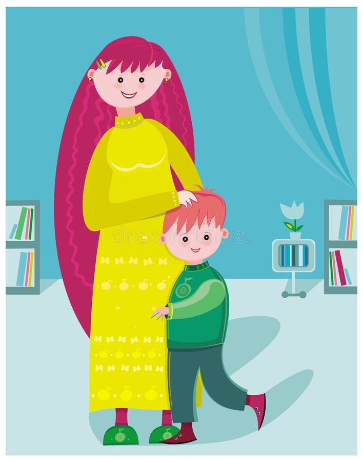 Een Jonge Moeder Met Een Leuke Zoon Vector Illustratie - Illustration ...