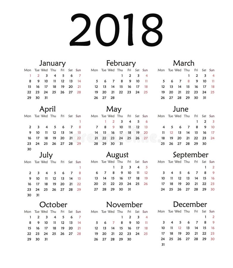 Eenvoudige Kalender Voor Het Jaar Van 2018 Stock Illustratie ...