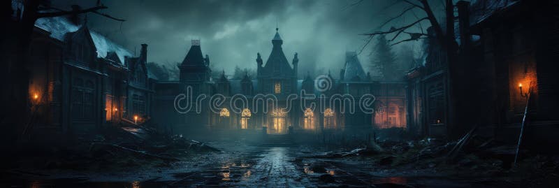 Eerie Abandoned Asylum with Broken Windows Halloween Stock Illustration ...