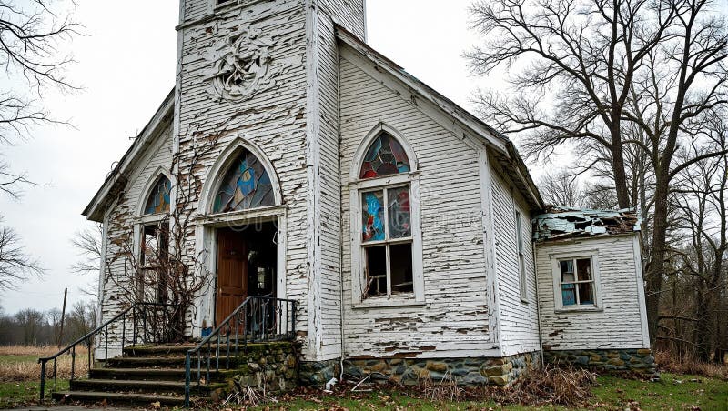 Eerie Abandoned Church with Collapsing Steeple and Shattered Stained ...