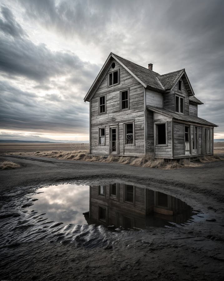 Eerie Abandoned House Surrounded by Desolate Landscape Under Overcast ...