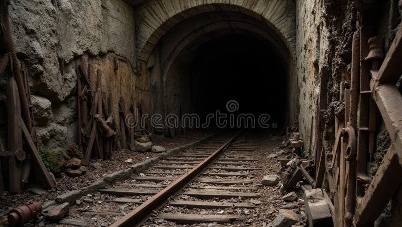 Eerie Abandoned Mining Tunnel with Rusty Rails and Broken Equipment ...