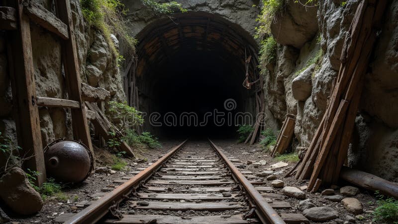 Eerie Abandoned Mining Tunnel with Rusty Rails and Broken Equipment ...