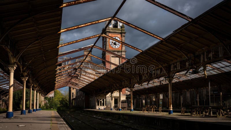 Abandoned Train Station with Clock Tower and Overgrown Platforms Stock ...