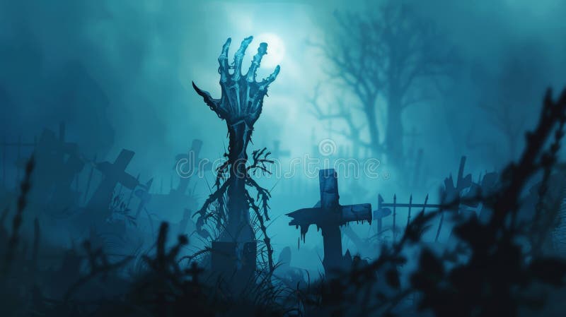 Creepy Graveyard Scene with Skeleton Hand Rising from the Ground ...