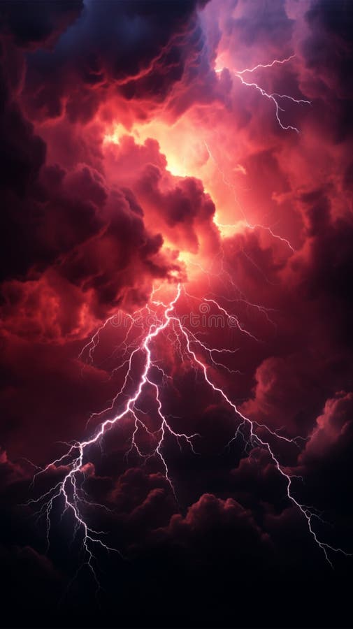 Eerie Backdrop of Dark Red Storm Clouds and Captivating Lightning Stock ...