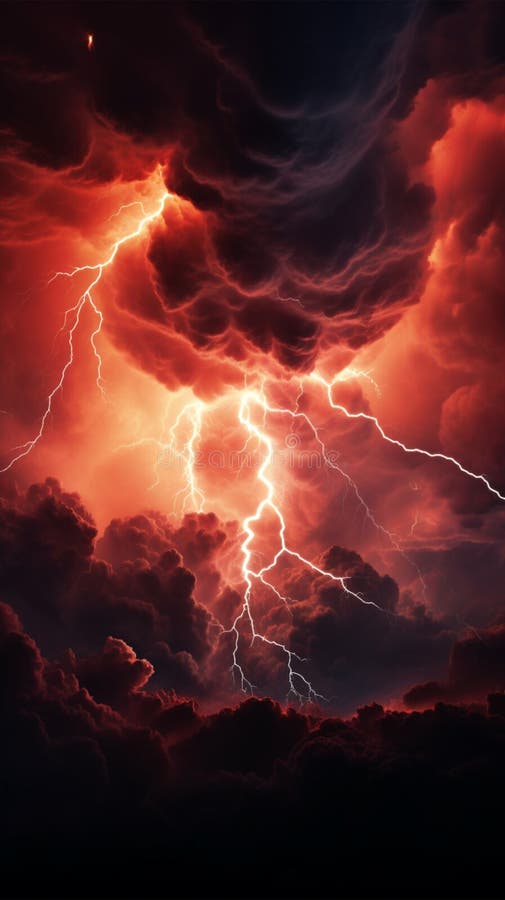 Eerie Backdrop of Dark Red Storm Clouds and Captivating Lightning Stock ...