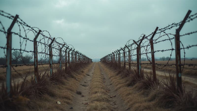 Eerie Barbed Wire Fencing in Desolate Field Under Cloudy Sky Stock ...
