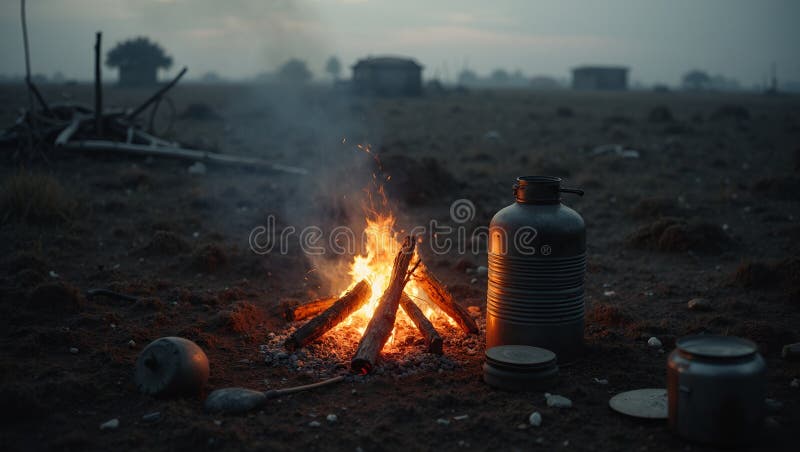 Eerie Battlefield Scene Dying Campfire Scattered Cans Dusk Setting in ...