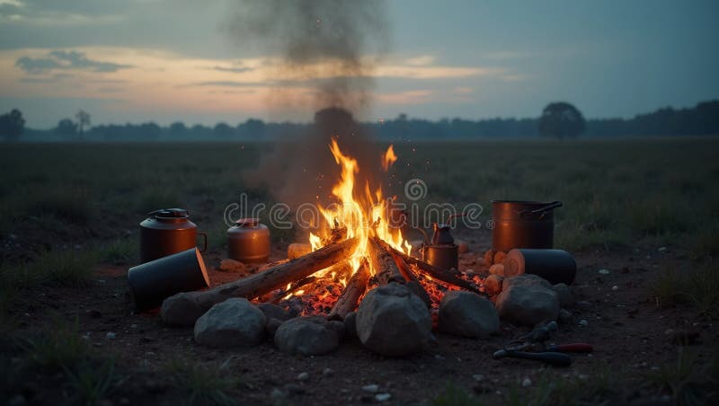 Eerie Battlefield Scene Dying Campfire Scattered Cans Dusk Setting in ...