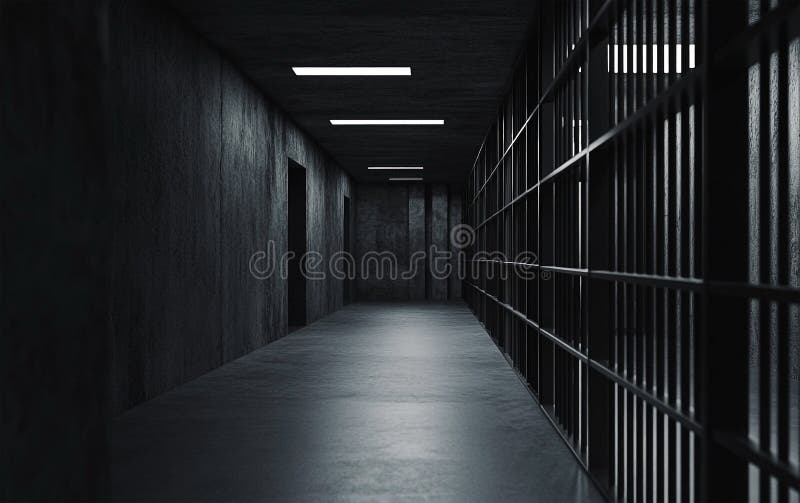 Eerie Black and White Prison Corridor with Iron Bars on One Side and ...