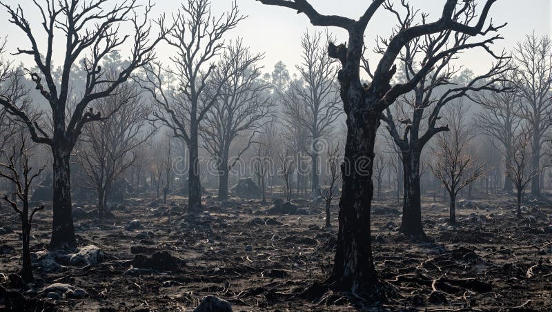 Eerie Blackened Forest with Ash Covered Ground and Drifting Particles ...