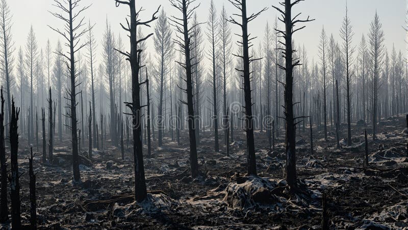 Eerie Blackened Forest with Ash Covered Ground and Drifting Particles ...