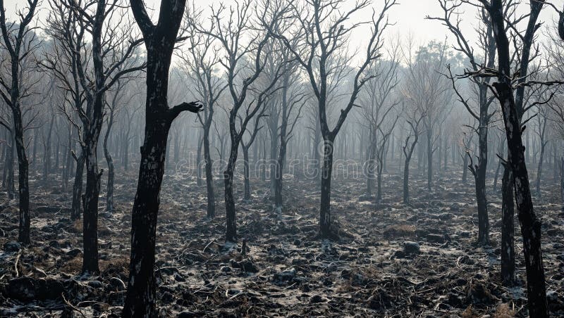 Eerie Blackened Forest with Ash Covered Ground and Drifting Particles ...