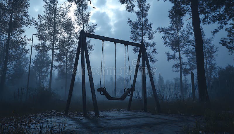 Broken Swing Set in an Empty Playground Surrounded by Tall Dark Trees ...