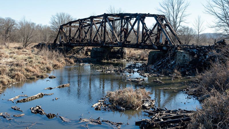 Eerie Burnt Out Bridge Over a Shallow River Stock Illustration ...