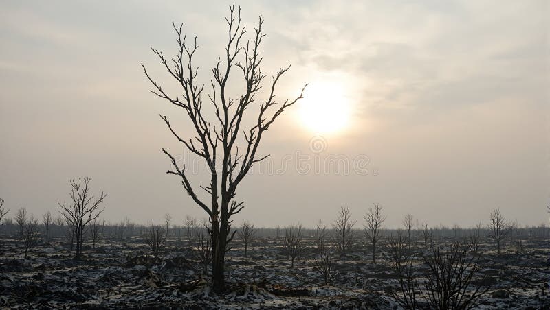 Eerie Burnt Tree in Desolate Landscape Sun Breaks through Clouds Stock ...