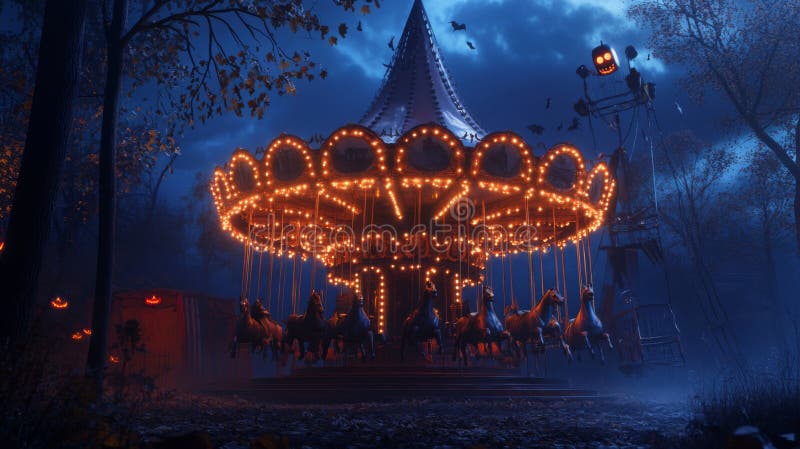 Eerie Carousel in a Dark Forest at Night Stock Illustration ...