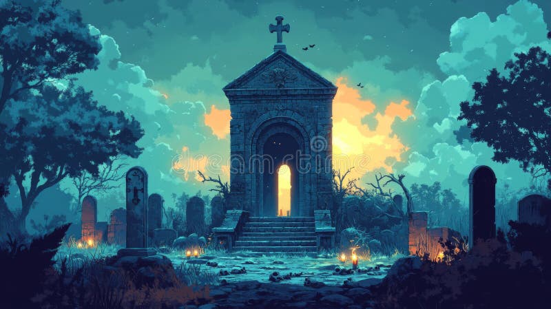Eerie Cemetery at Sunset: Pixel Art Landscape Stock Illustration ...