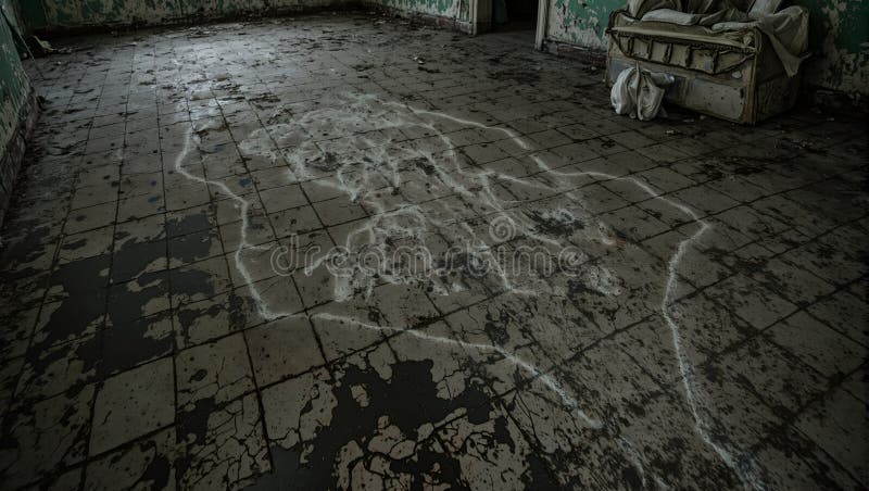 Eerie Chalk Outline in Abandoned Building with Dark Stains and Debris ...