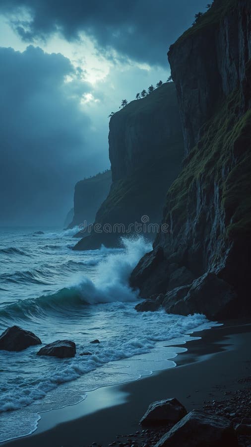 Eerie Cliffside with Glowing Light and Stormy Sea Stock Illustration ...