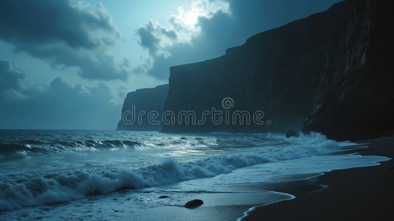 Eerie Cliffside with Glowing Light and Stormy Sea Stock Illustration ...
