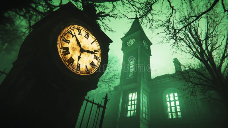 Eerie Clock Tower in Foggy Green Forest Stock Illustration ...