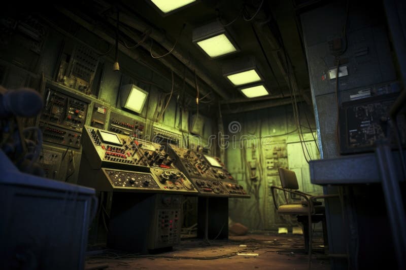 Eerie Empty Control Room with Broken Equipment Stock Image - Image of ...