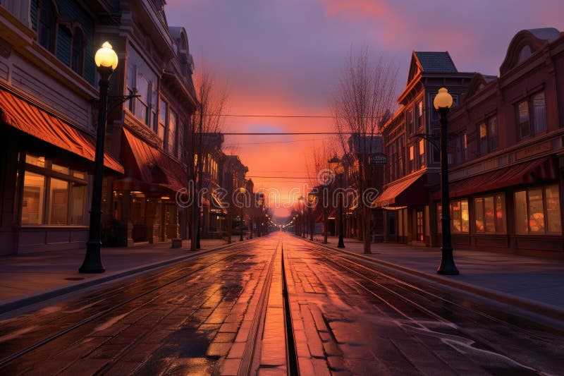Eerie Empty Main Street at Dusk Stock Illustration - Illustration of ...