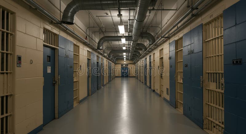 Eerie Empty Prison Corridor: Long Hallway of Cell Blocks, Metal Doors ...