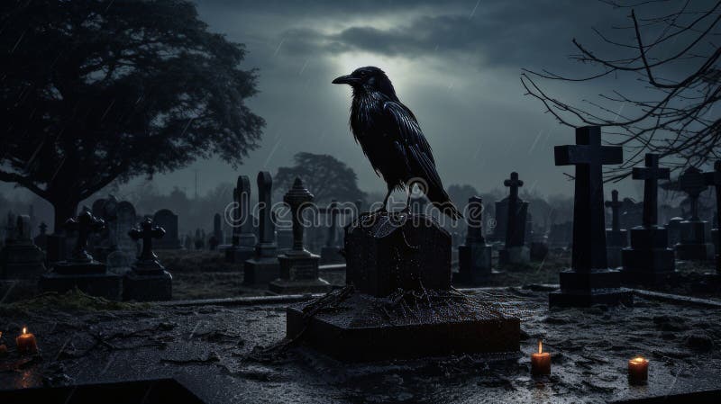 Eerie Encounter: Raven Perched on Rain-Drenched Tombstone in Haunting ...