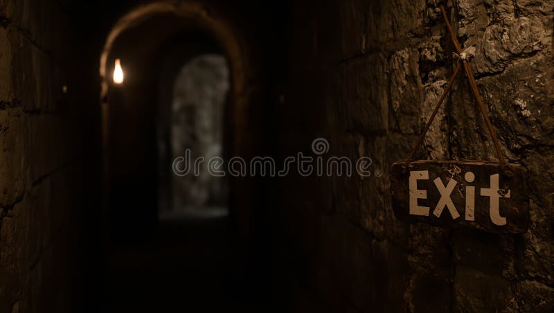 Eerie Exit Sign in Dimly Lit Castle Tunnel Stock Illustration ...