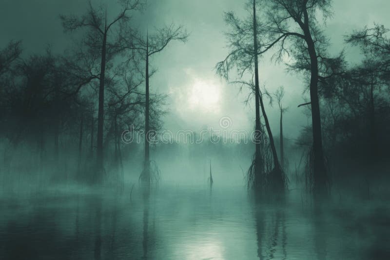 Eerie Fog-Shrouded Swamp with Bare Trees Stock Illustration ...