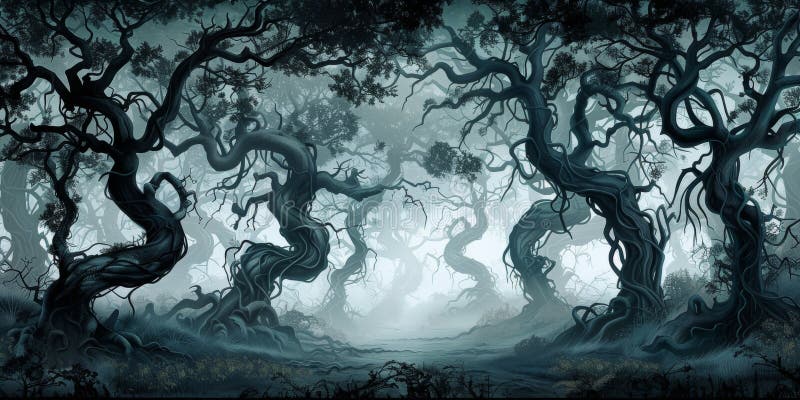 Eerie Forest Border with Twisted Trees and Howling Winds Stock ...