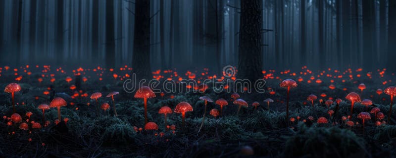 Eerie Forest Floor with a Carpet of Glowing Red Mushrooms Stock Photo ...