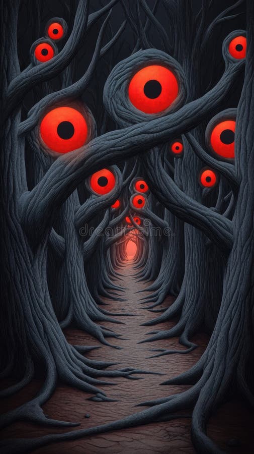 Eerie Forest Path with Glowing Red Eyes Peering from Twisted Branches ...