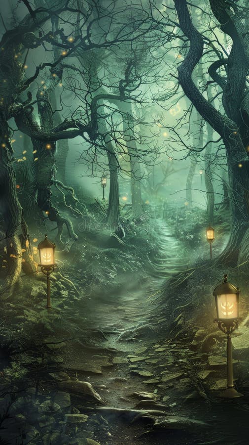 Eerie Forest Path Halloween Background Design Stock Illustration ...