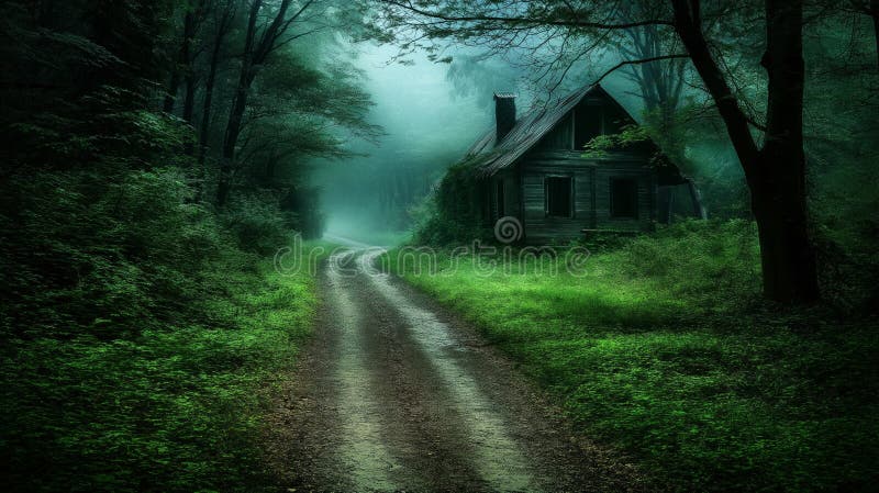 An Eerie Forest Path Leads To a Decrepit Cabin Surrounded by Mist and ...